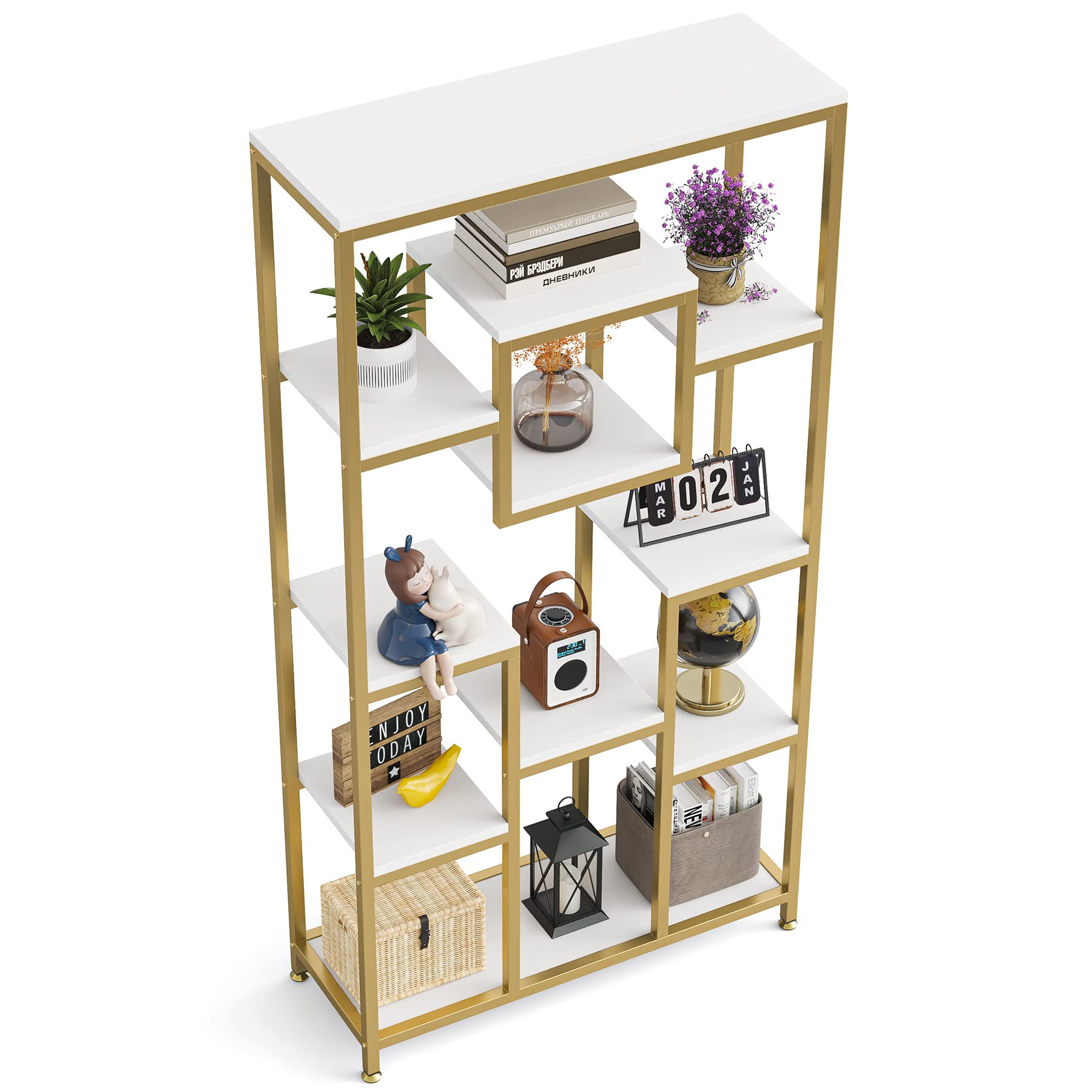 Tribesigns Bookcases and Bookshelves, 71โ Tall Bookshelf with Metal Frame, Freestanding Geometric Bookcase with Open Display Shelf for Living Room, Bedroom, Home Office, White and Gold