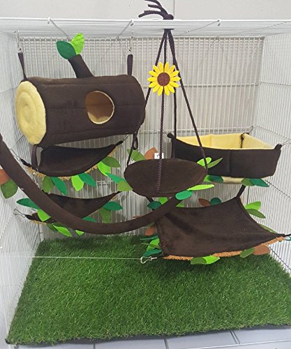 HOT! 7 Pcs/Set Cute Sugar Glider Hamster Marmoset Squirrel Chinchillas Small Pet Hanging Log + Edge Corner Dark Brown Cage Set Forest Pattern Get Free 1 Small Pet Treats, PB's REPUBLIX