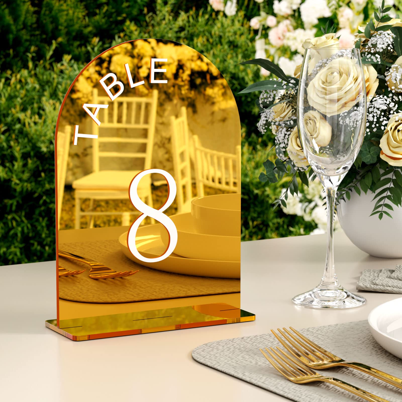 Nuggicet 15pcs Gold Mirror Table Numbers, 5"x7"Arch Wedding Table Numbers Stand for Any Party Occasion,Party Decoration,Modern Acrylic Table Sign Holder(Number1-15)