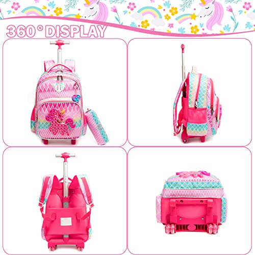 Meetbelify Cute Unicorn Rolling Backpack for Girls Backpacks with Wheels for Elementary Kids Pink Suitcase Set Travel Laptop Luggage for Girls Age 6-8