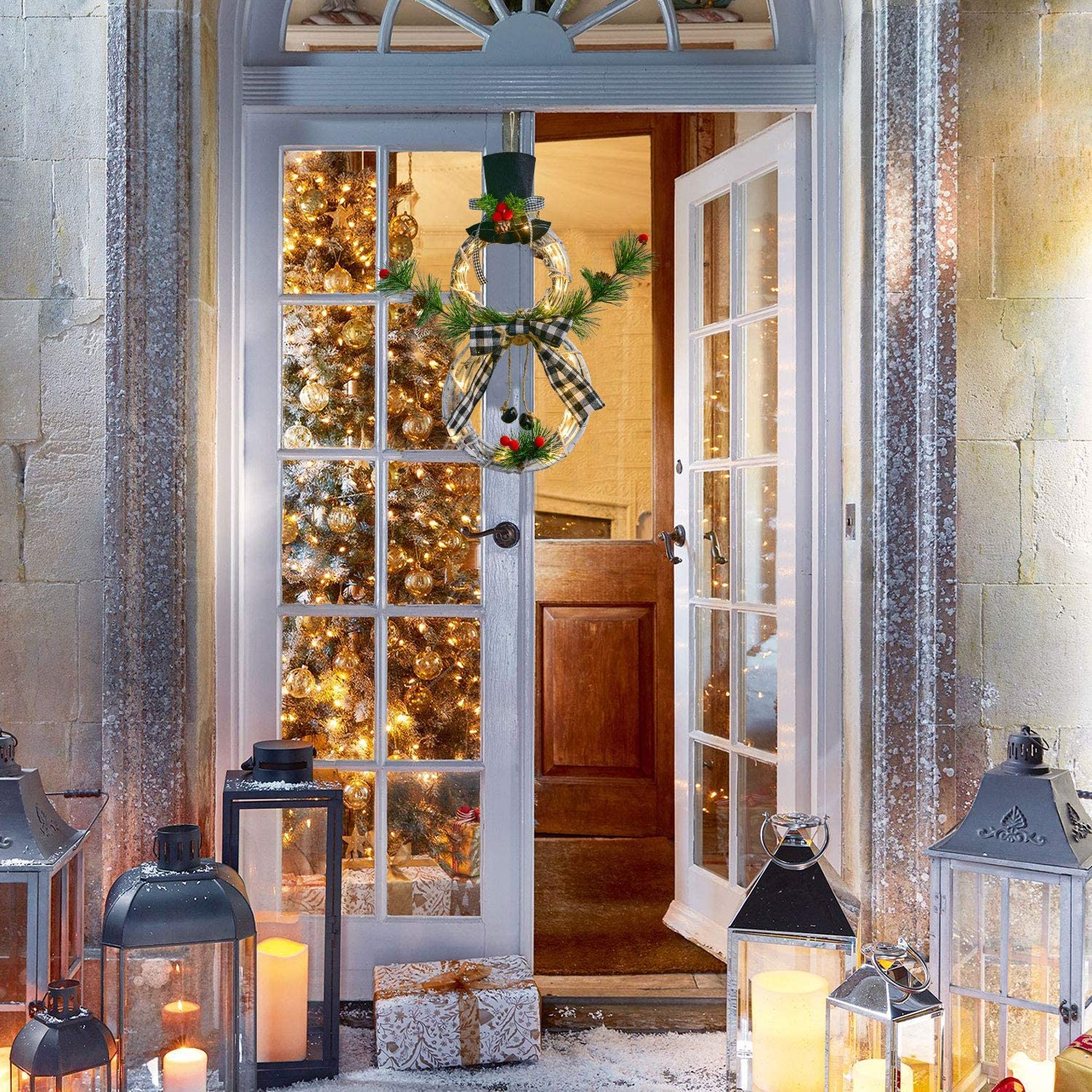 DearHouse Lighted Christmas Wreath Decoration, 16 x 8 Inch Grapevine Wreath with Hat and Bow Snowman Shape Wreath for Front Door Home Garden Wall Decor