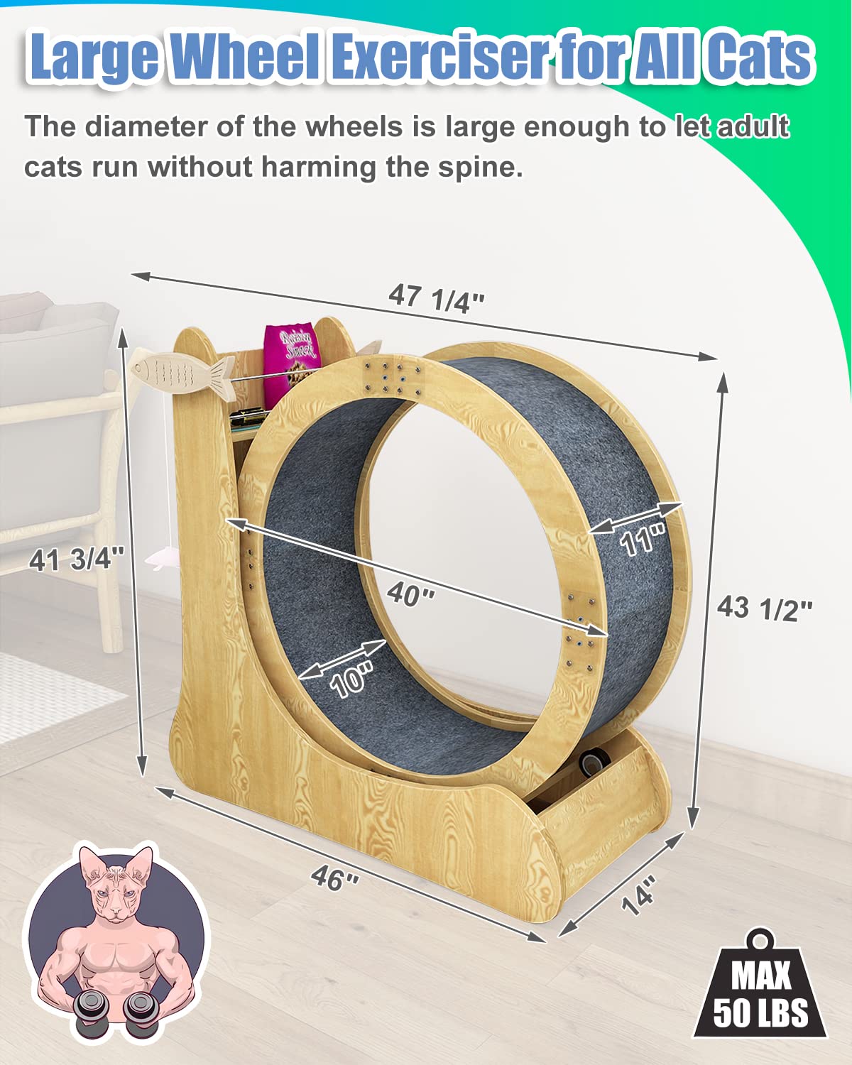 MIWOOYY Large Cat Exercise Wheel with Scratcher and Storage - 40 Inch Natural Solid Wood Cat Treadmill for Indoor Cats Run Motion & Play (Snail)