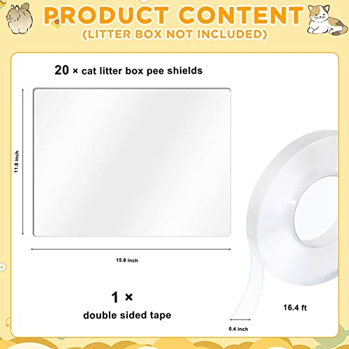 Maitys 20 Pcs Cat Litter Box Pee Shields Transparent Cat Litter Box Splash Guard Litter Pan Pee Shields for Open Top Litter Pan with Double Sided Tape, Litter Box Not Included, 12 x 16 Inch