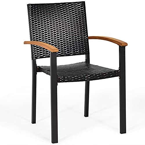 2PCS Outdoor PE Rattan Lounge Chairs Patio Dining Chair Stackable Leisure Chair Wicker Armchair Comfortable Armrest Ergonomic Backrest Perfect for Deck Backyard Balcony Garden Poolside Use
