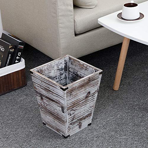 Liry Products Rustic Torched Wood Square Waste Basket Farmhouse Style Recycle Bin Trash Can Decorative Metal Brackets Whitewashed Wooden Garbage Container Ash Holder Bedroom Living Room Home Office