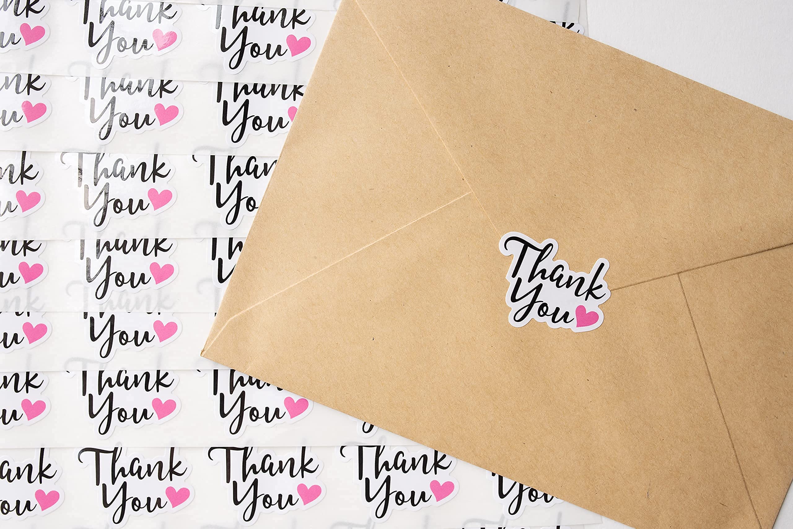 Thank You Stickers - Roll of 500 Labels with Pink Hearts - Cute Mailing Envelope Seals -Small Business Shipping Supplies - Packaging Orders with Poly Mailers and Boxes