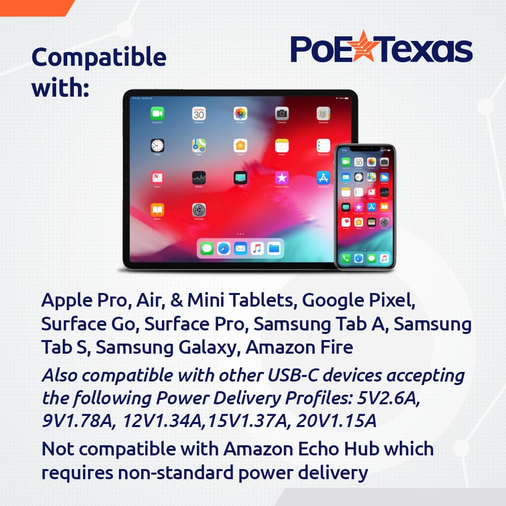 PoE Texas PoE+ Power and Data to USB-C Converter – Compatible with Apple Pro, Air, & Mini Tablets, Google Pixel, Lenovo M10+, Surface Go, Surface Pro, & Others, for POS, Digital Signage, & More