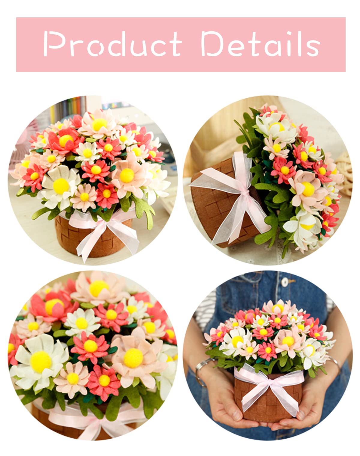 BAZIMA DIY Felt Flower Art Craft Kit, DIY Felt Daisy Pot Bonsai Kit, 33 Daisies,Floral Gifts,Beginner Craft Kit,Arrange Pre-Cut Felt Flowers and Foliage