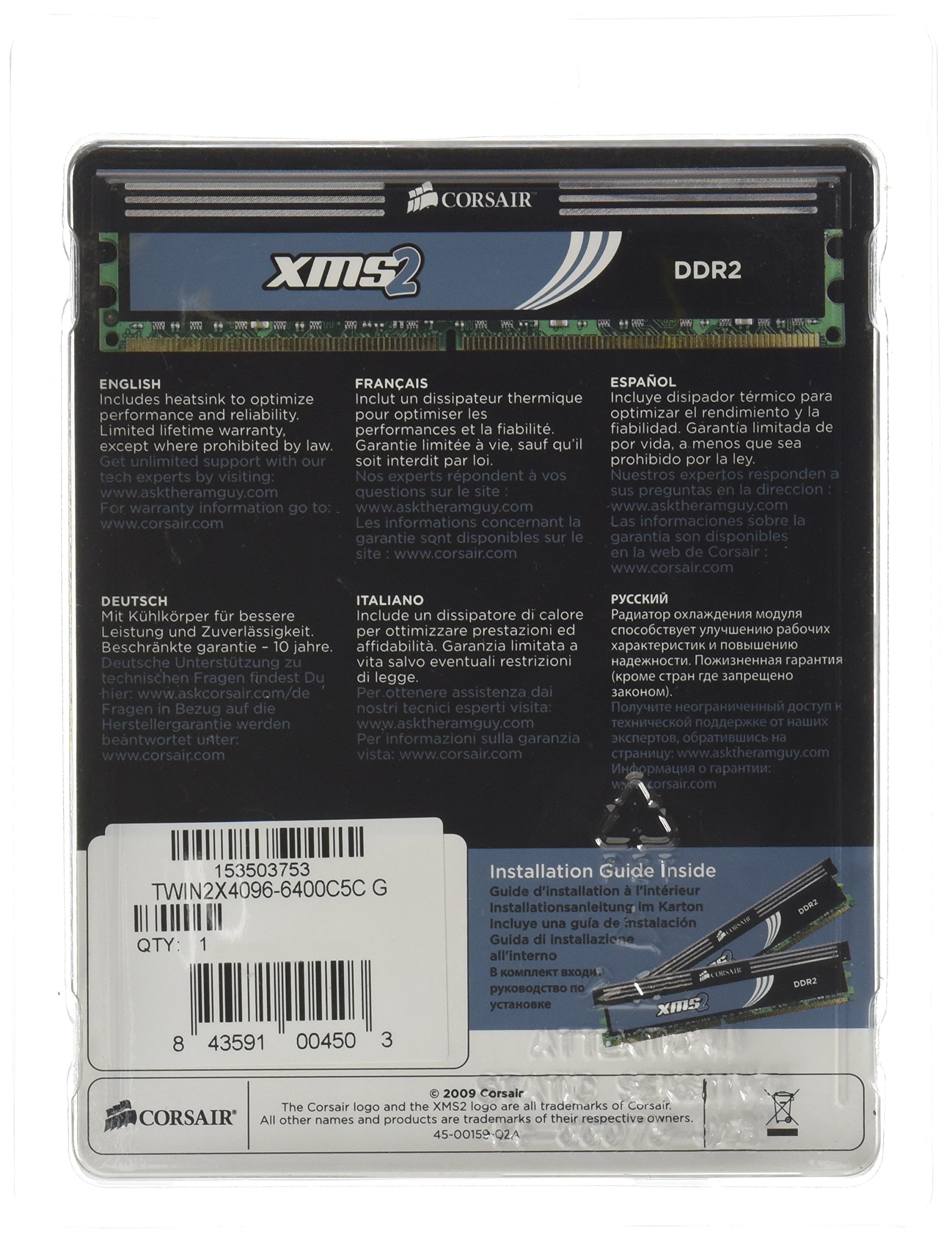 CORSAIR TWIN2X4096-6400C5C Corsair XMS2 DDR2 4GB (2x2GB) PC2-6400 800MHz 240-Pin Dual Channel Desktop Memory