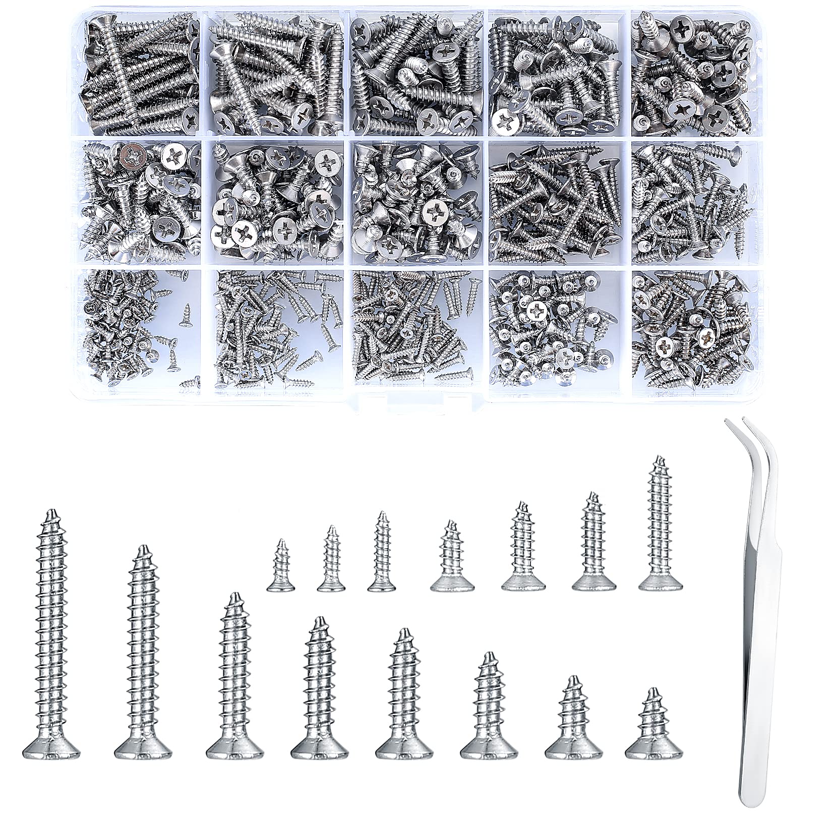 400 Pcs M3/M3.5/M4 Wood Screws, Torx Head Pan Head Self Tapping Screws, Stainless Steel Flat Head Drywall Screws Assortment Kit for Wood, with 3 Pcs Bits (400 Silver)