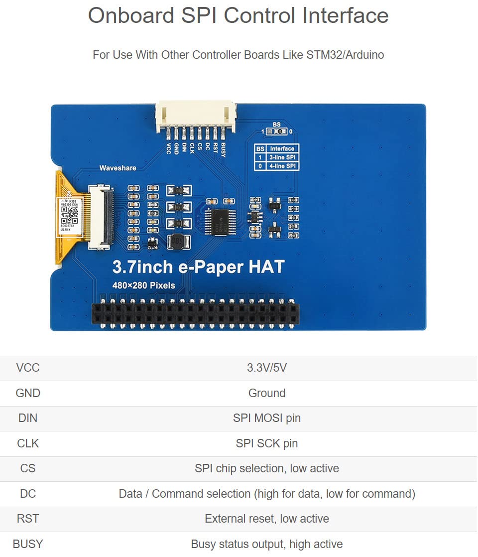 waveshare 3.7inch E-Paper E-Ink Display HAT Compatible with Raspberry Pi4B/3B+/3B/2B/B+/A+/Zero/Zero W/WH/Zero 2W 480×280 Pixels Black/White 4 Grey Scales SPI Interface Supports Partial Refresh
