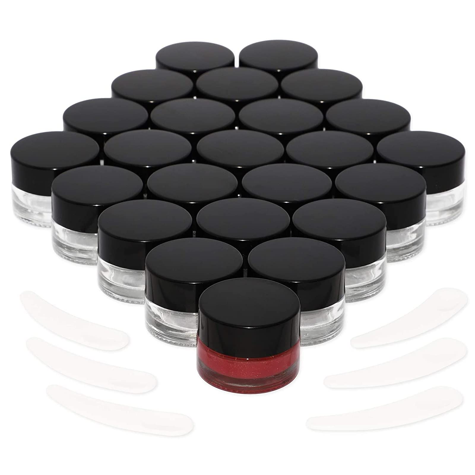 5ML Glass Jars with Lids,24 Pack Mini Glass Jars with 6 pc Spatulas, Round Set Glass Jars, A Tight Seal for Storing Lotions, Powders and Ointments. - Clear+Black Cap
