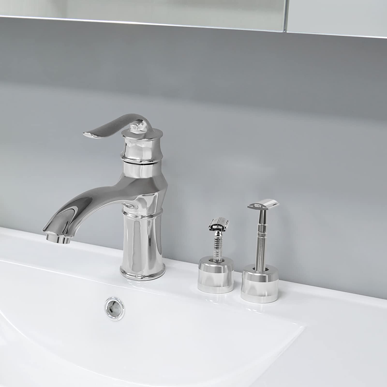 Linkidea 2 Pack Safety Razor Stand, Opening Dia 0.7" (18.5mm) Men's Shaving Stand for Bathroom Countertops, Compatible with Gillette Mach 3 (Silver)