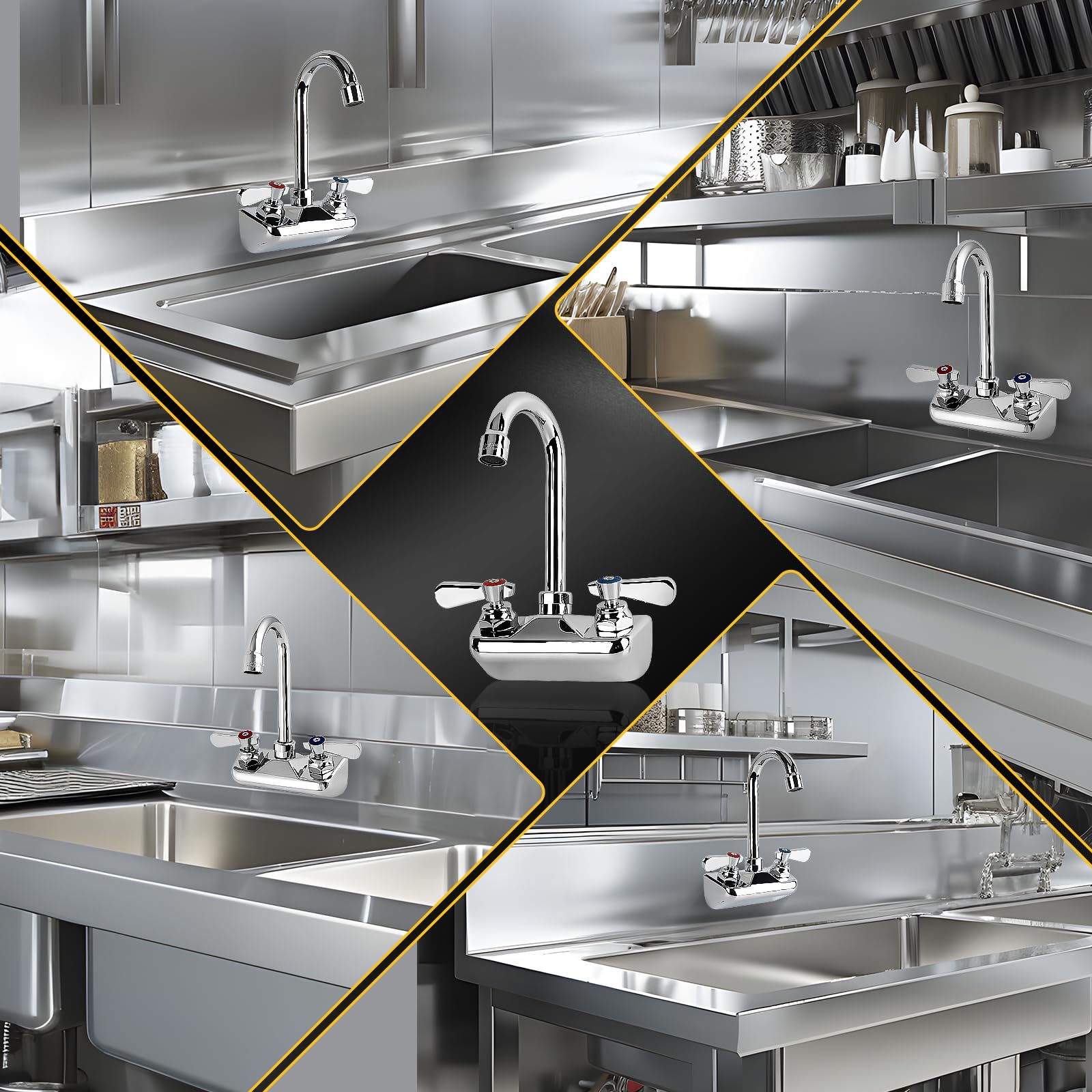 Upgraded 4 Inch Center Commercial Sink Faucet Wall Mount Kitchen Hand Sink Faucet, Ceramic Valve, Premium Brass, Chrome Finish, 3-1/2" Gooseneck Spout, Easy-Use Dual Lever
