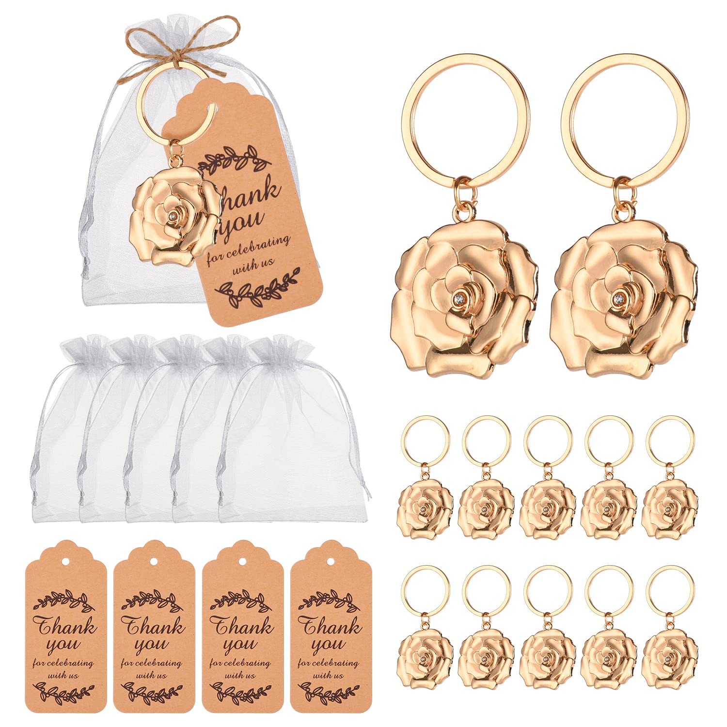 KaGrbves 50pcs Keychains/Keyrings for Baby Shower,Wedding or Bridal Shower Party Favors,Gift,Souvenirs to Guests Bulk with Gift Tags and White Bags(Rose flower)