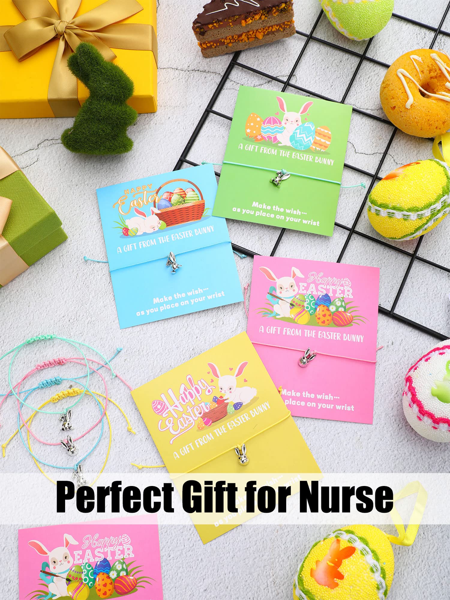 36 Pcs Easter Bracelets Easter Bunny Cards Set, Easter Bunny Charm Bracelets Adjustable Rope Rabbit Friendship Bracelets Cute Funny Easter Jewelry for Kids Women Girls Easter Gifts