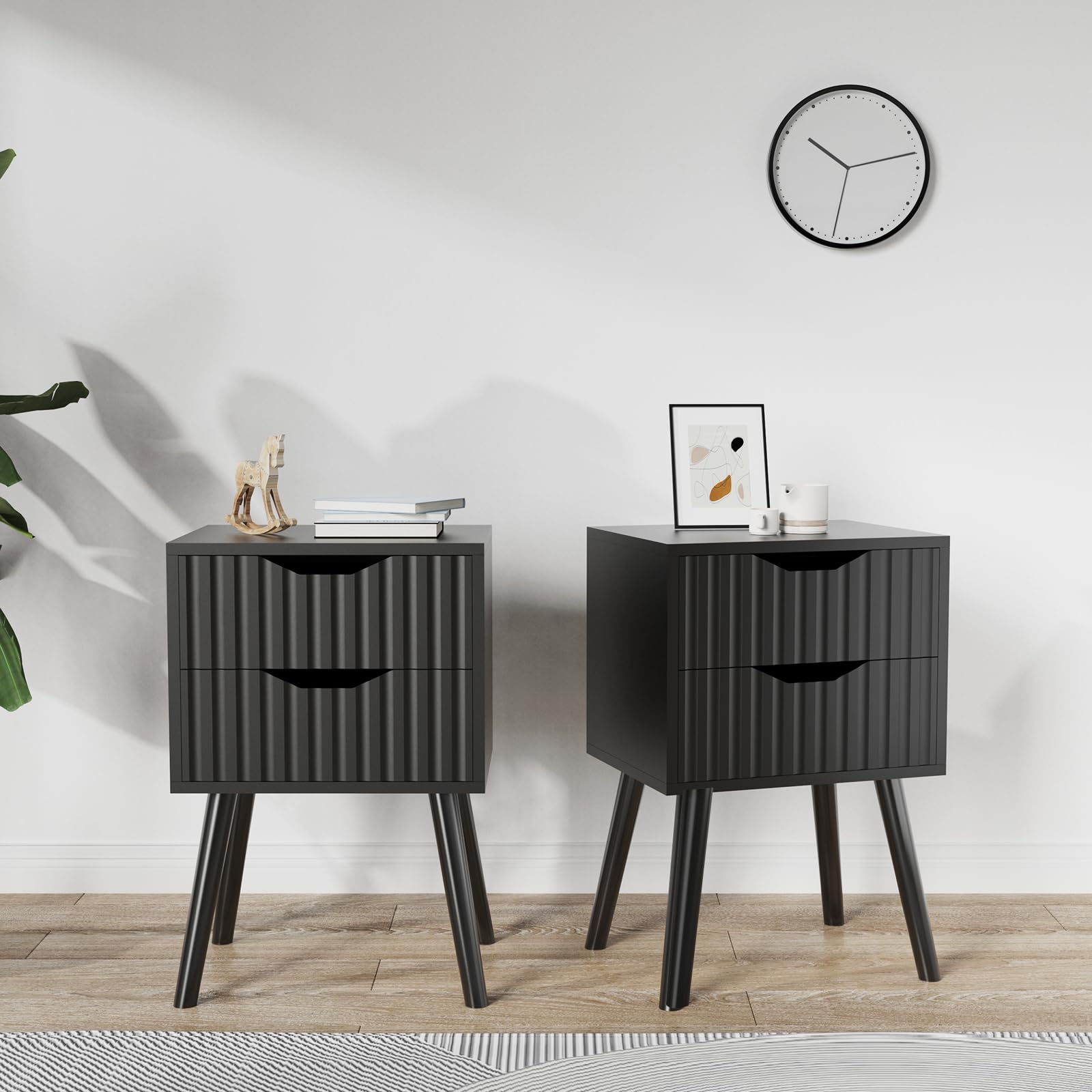Bavelye Black Nightstand Set of 2, Thickened Wooden Night Stand with 2 Drawers, Mid-Century Modern Bedside Table with Storage, Small End Table for Bedroom