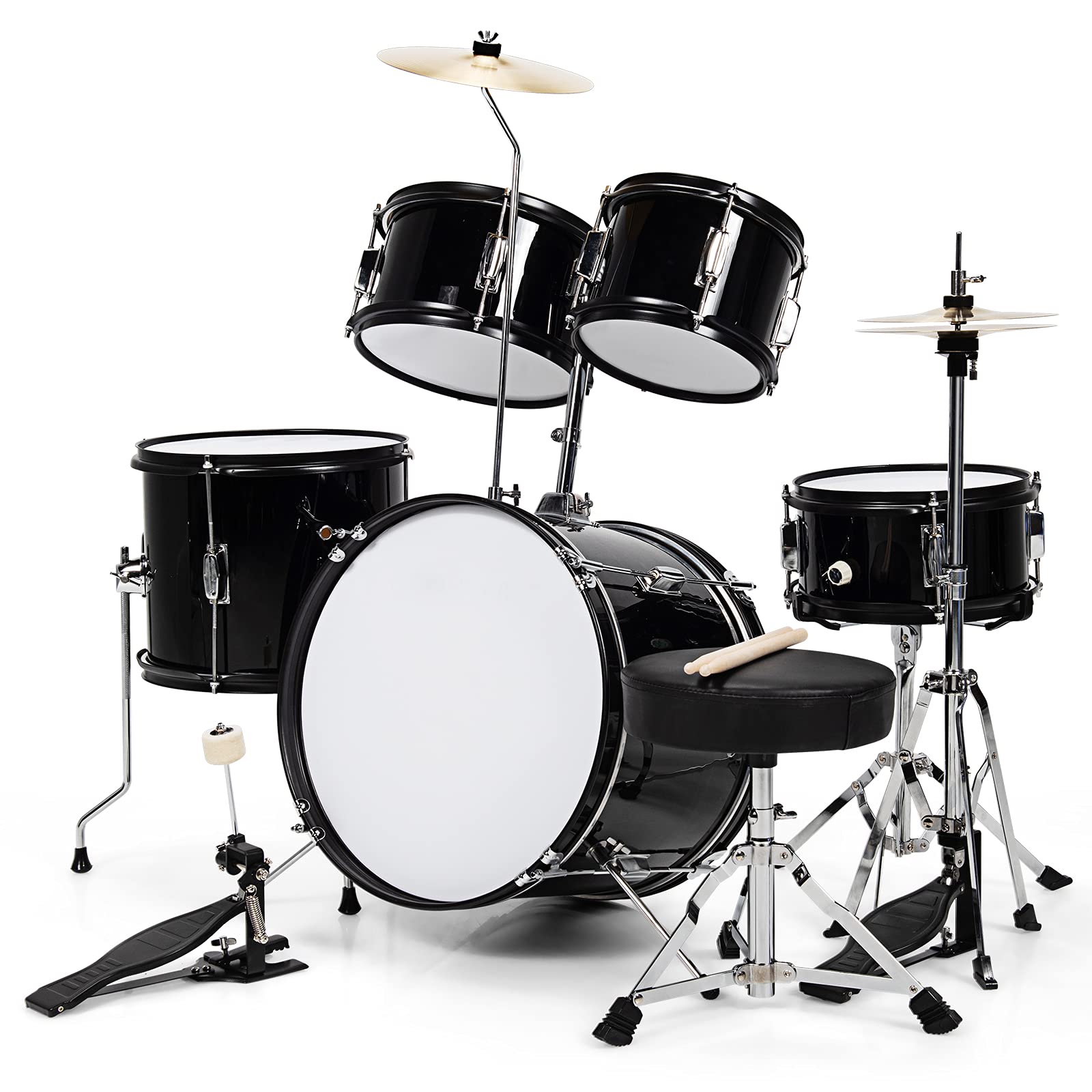 Costzon 16” Kids Drum Set, 5-Piece Full Size Complete Junior Drum Set with Adjustable Throne, Cymbal, Hi-Hat, Pedal & Drumsticks, Beginner Drum Kit with Bass Snare Tom Drum, Age 3-12, Black