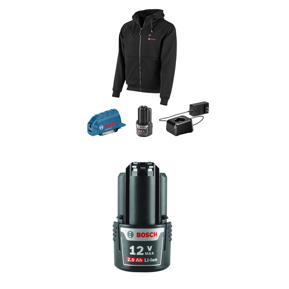 Bosch GHH12V-20XLN12 12V Max Heated Hoodie Kit with Portable Power Adapter - Size Xlarge, Black & Bosch BAT414 12-Volt Max Lithium-Ion 2.0Ah High Capacity Battery