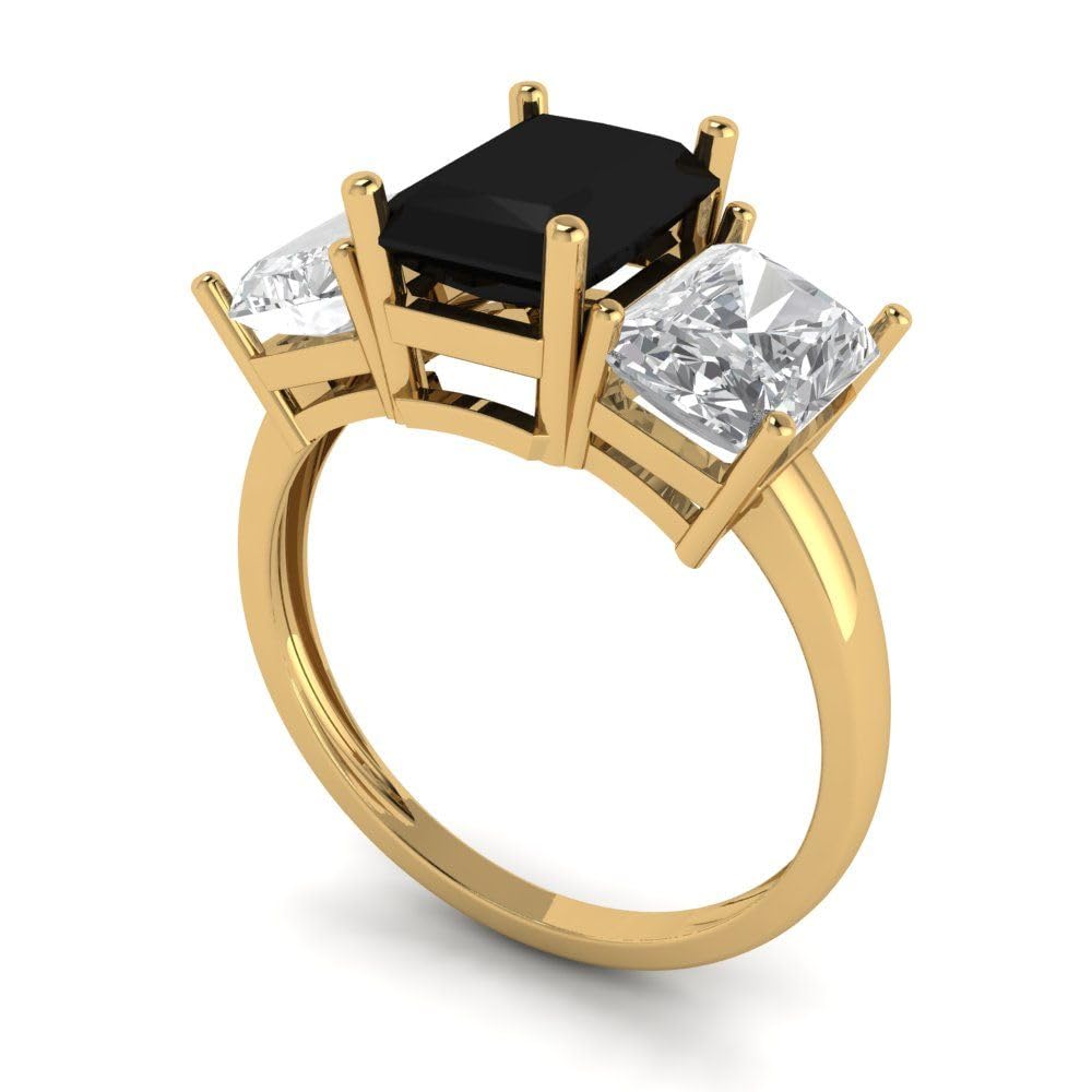 4.0 ct Emerald Cut 3 Stone Solitaire accent Natural Black Onyx Designer Anniversary Bridal Engagement Ring 14k yellow Gold 6.5