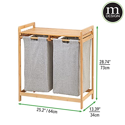 mDesign Freestanding Bamboo 2 Section Double Laundry Organizer Hamper with Removable Storage Sorter Bags, Space-Saving Basket Duo with Handles for Clothes/Linens - Echo Collection - Natural/Tan