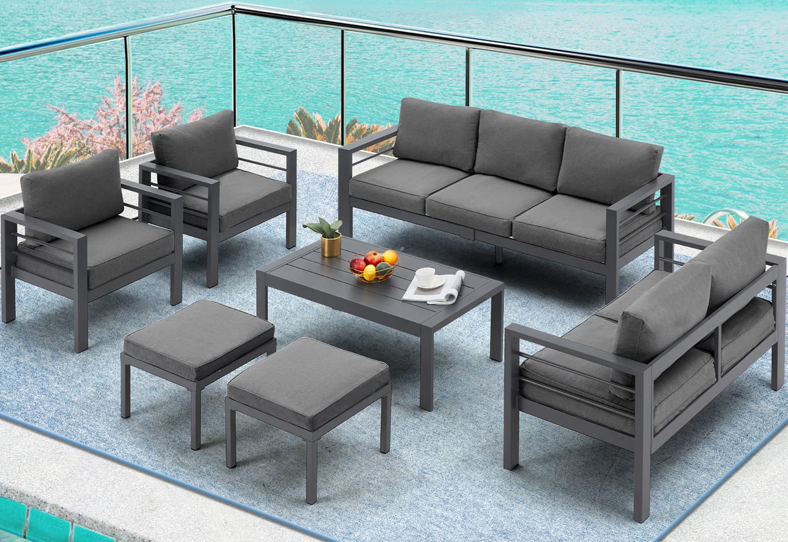 AECOJOY Aluminum Modern Patio Furniture with Coffee Table, 7 Pieces Outdoor Conversation Set with Dark Grey Cushions for Balcony, Porch, Lawn and More