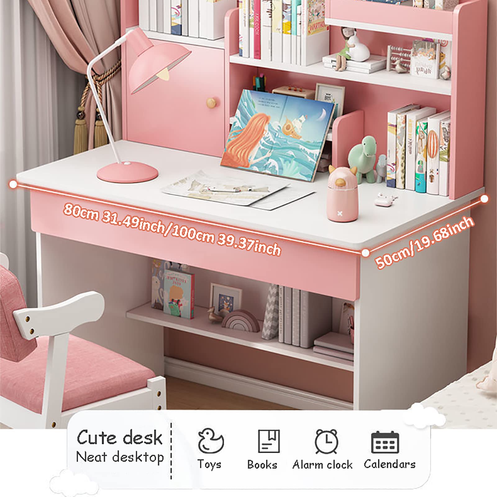 QQXX Cute k*id-s Study Desk with Chair,Wooden Ergonomics Study Desk Table with Drawer and Storage Shelf,Computer Workstation with Bookshelf Hutch,Multi Function Desk and Chair Set for Boys and Girls