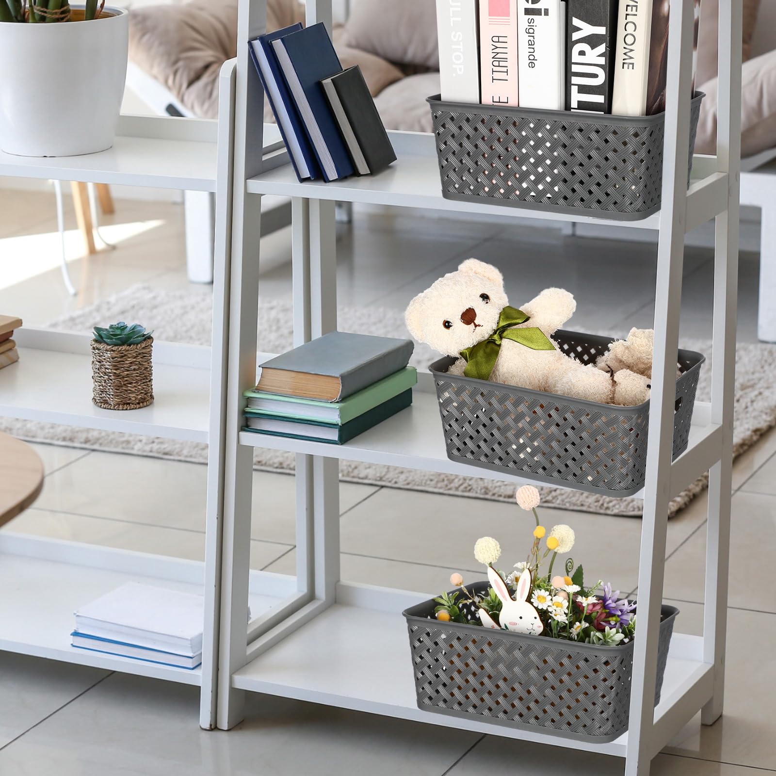 FoldTier 6 Pack Plastic Storage Baskets Stackable Organizing Container Knit Storage Organizer Bins for Shelves Drawers Cabinet Desktop Closet Playroom Classroom Office (Beige,Medium)