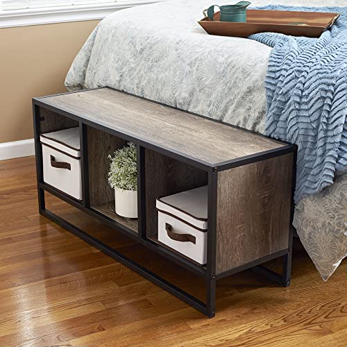 Household Essentials Jamestown TV Stand Coffee Table with Square Cube Storage Compartments Ashwood Rustic Wood Grain and Black Metal