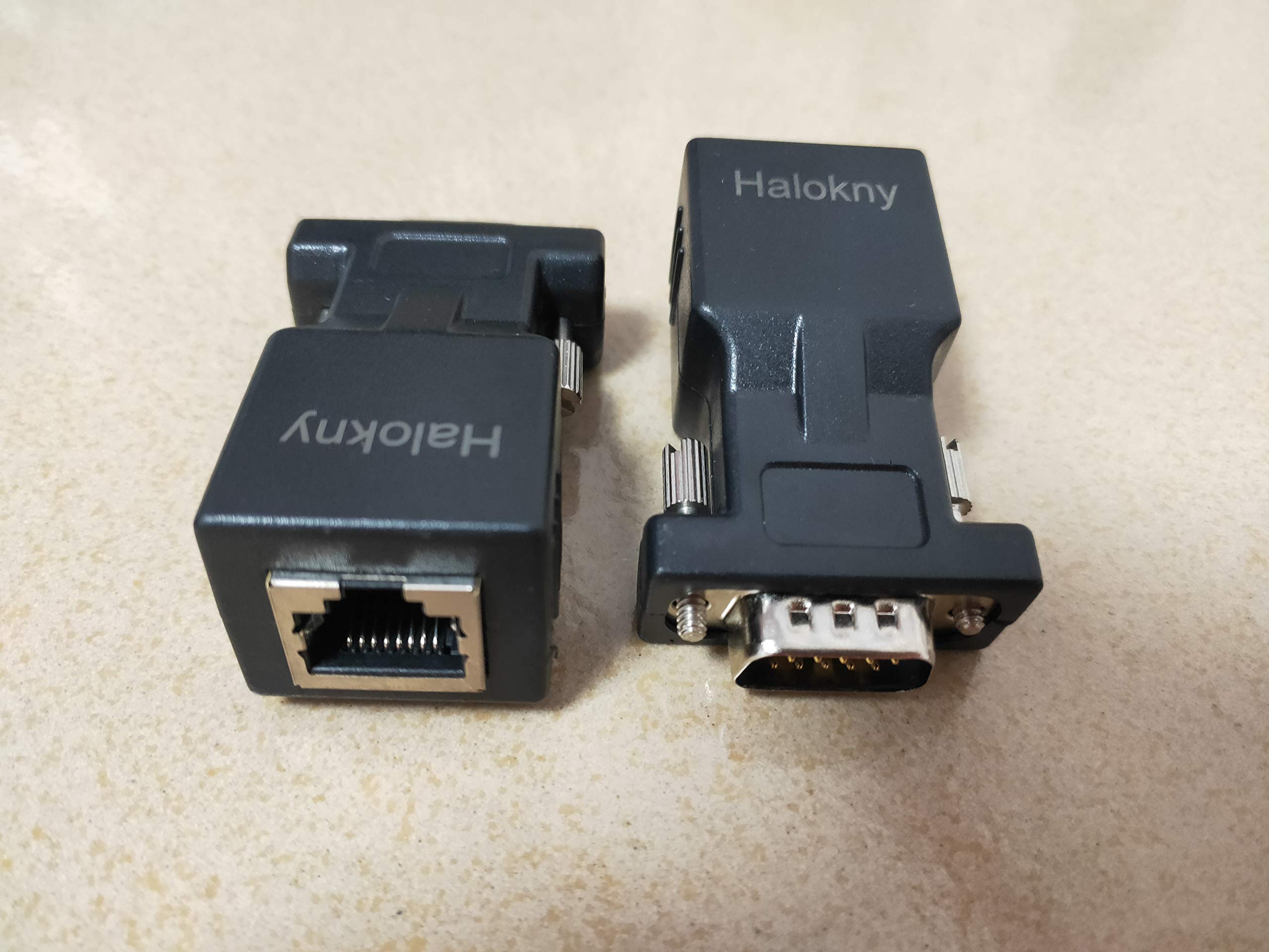 Halokny VGA Extender Over Ethernet Adapter, VGA 15 Pin Male to CAT5 CAT6 RJ45 Female Network Cable Extender Connector Adapter(2-Pack)