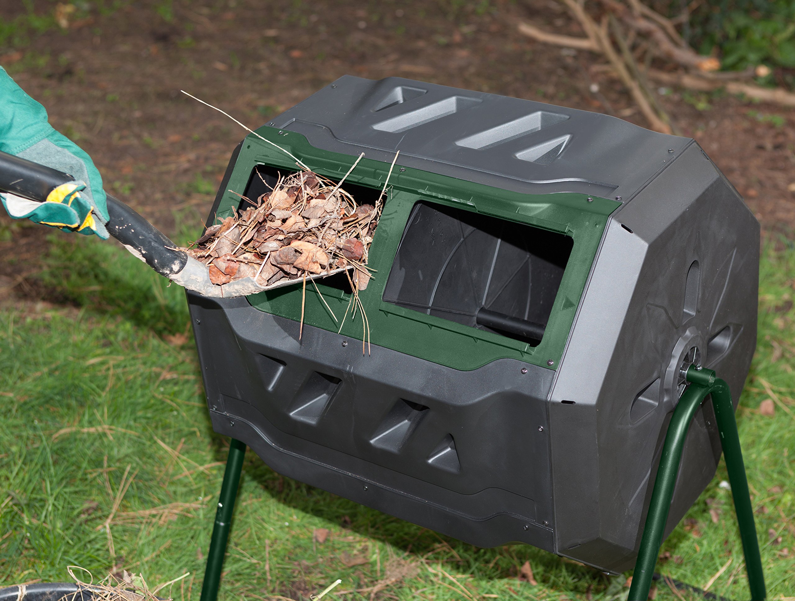 Exaco Trading Company Exaco Mr.Spin Compost Tumbler - 160 Liters / 43 Gallon, Dual Chamber Composter On Two-Leg Stand,Green/Black