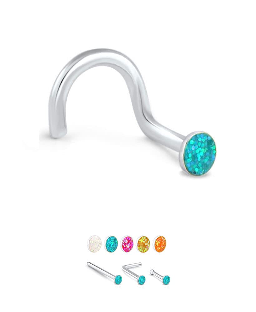 925 Sterling Silver LBend Nose Stud Ring 3mm Orange Glitter Disc 22G