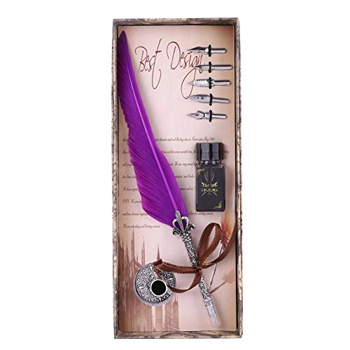 Ciglow Retro Feather Pen, Calligraphy Dip Feather Pen Sealing Set with 5pcs Nib Empty Ink Bottle Writing Pen Gift Box for Christmas, Valentine.(Purple)