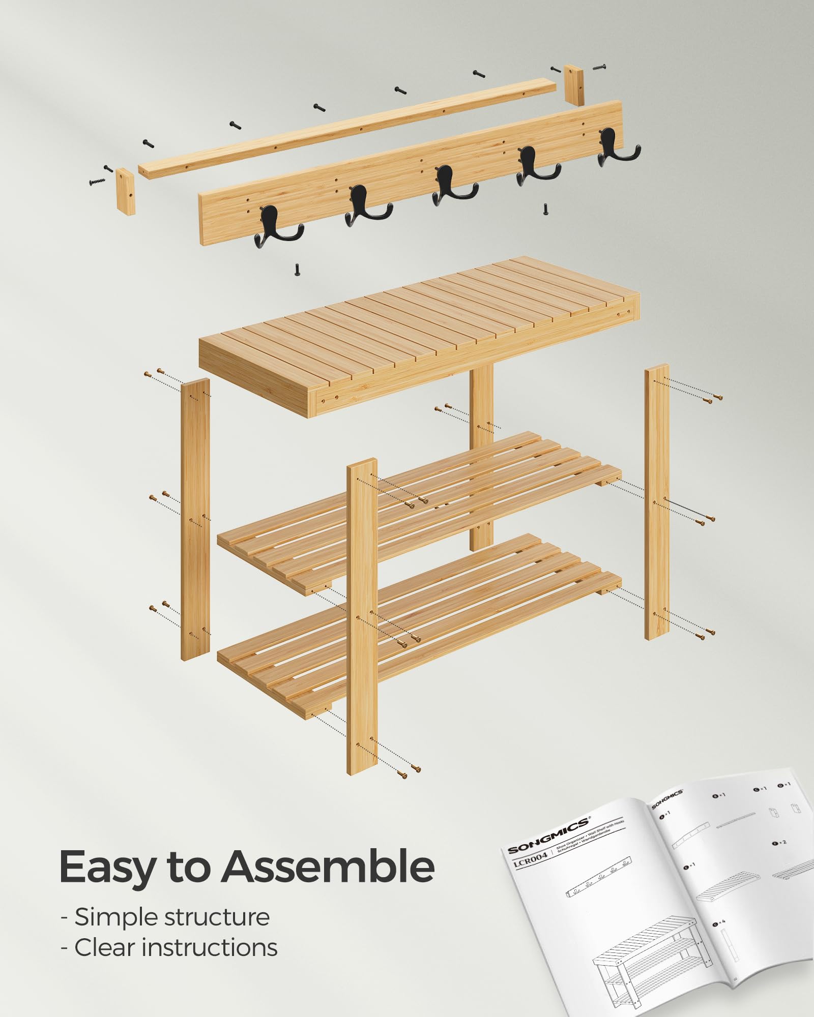 SONGMICS Hall Tree with Bench, Coat Rack Shoe Bench Set, Entryway Furniture, Multifunctional, 5 Double Metal Hooks, 3-Tier Bamboo Shoe Rack, for Entryway, Hallway, Bedroom, Natural Beige ULCR004N01