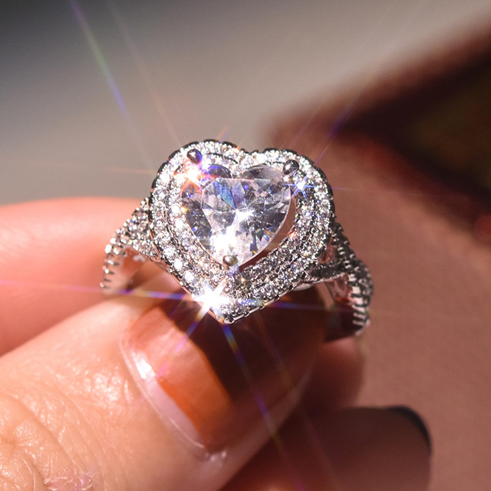 925 Sterling Silver Micro Inlaid Multi layered Cute Heart CZ Wedding or Engagement Diamond Ring for Women (10)