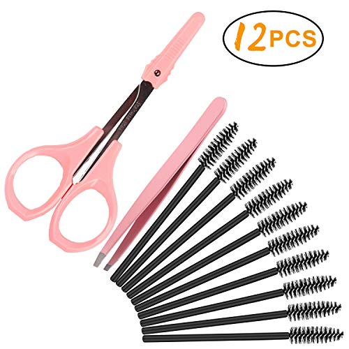 4" Curved Craft Scissors Stainless Steel Unisex Eyebrow Kit Eyebrow Scissors, Slant Tweezers And Eyebrow Brush for Eyebrow Eyelash Extensions (Pink Set)
