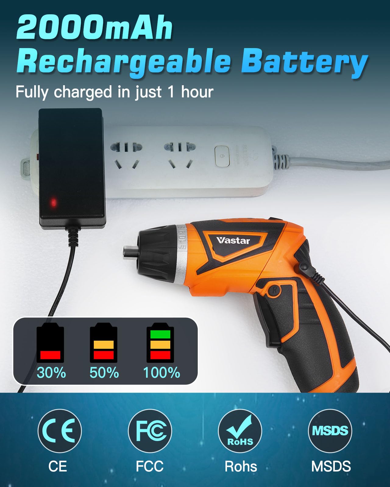 Vastar 8V Cordless Electric Screwdriver, 89Pcs Rechargeable Power Magnetic Screwdriver Kit in Carrying Case, with 10+1 Torque Settings, Dual Position Handle, Battery Indicator, Flexible Shaft, LED