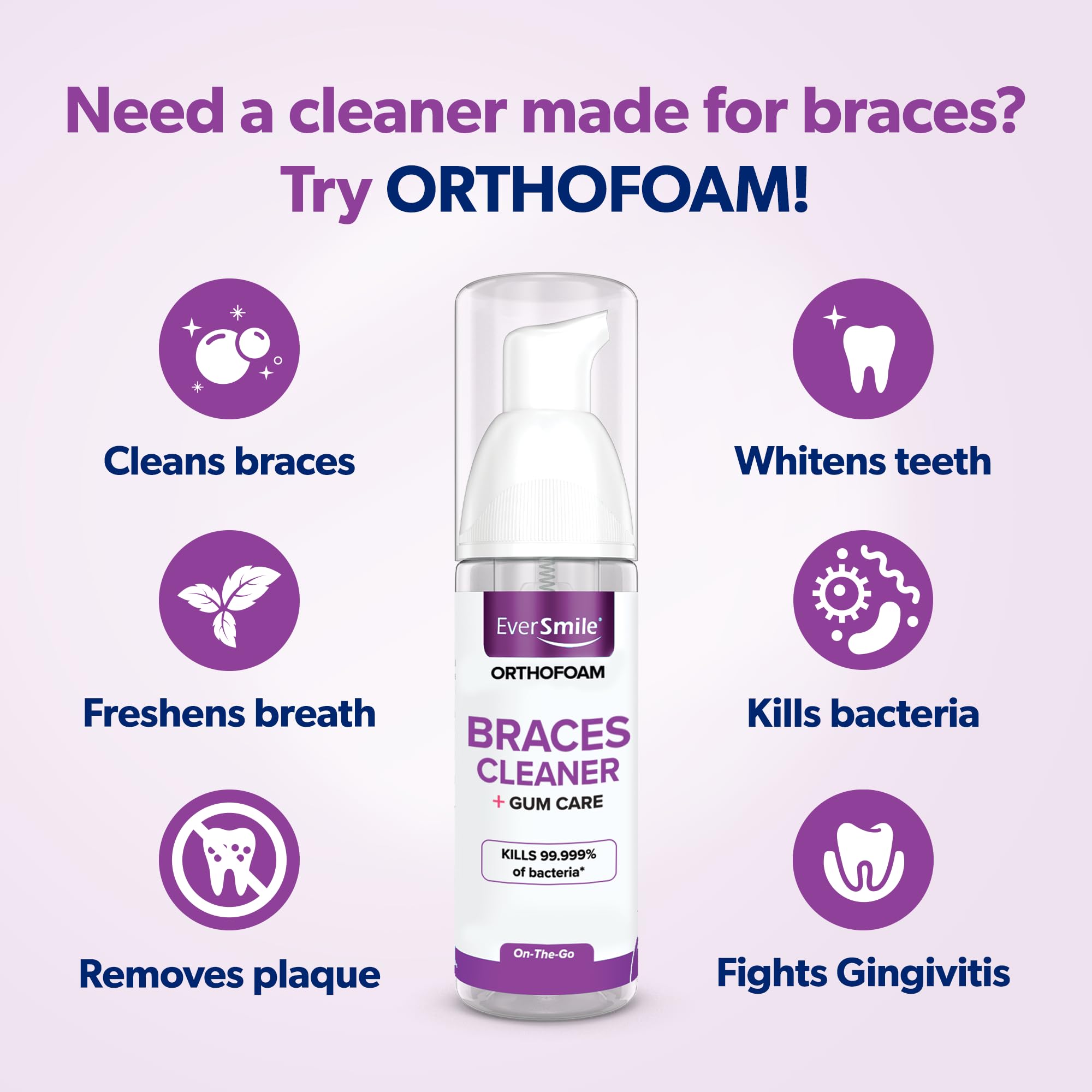 EverSmile OrthoFoam Braces Cleaner — Brushable Foam Whitens Teeth, Eliminates Bacteria, Fights Plaque and Bad Breath – Cleans Under Metal, Ceramic, Clear Brackets and Wires – 50ml