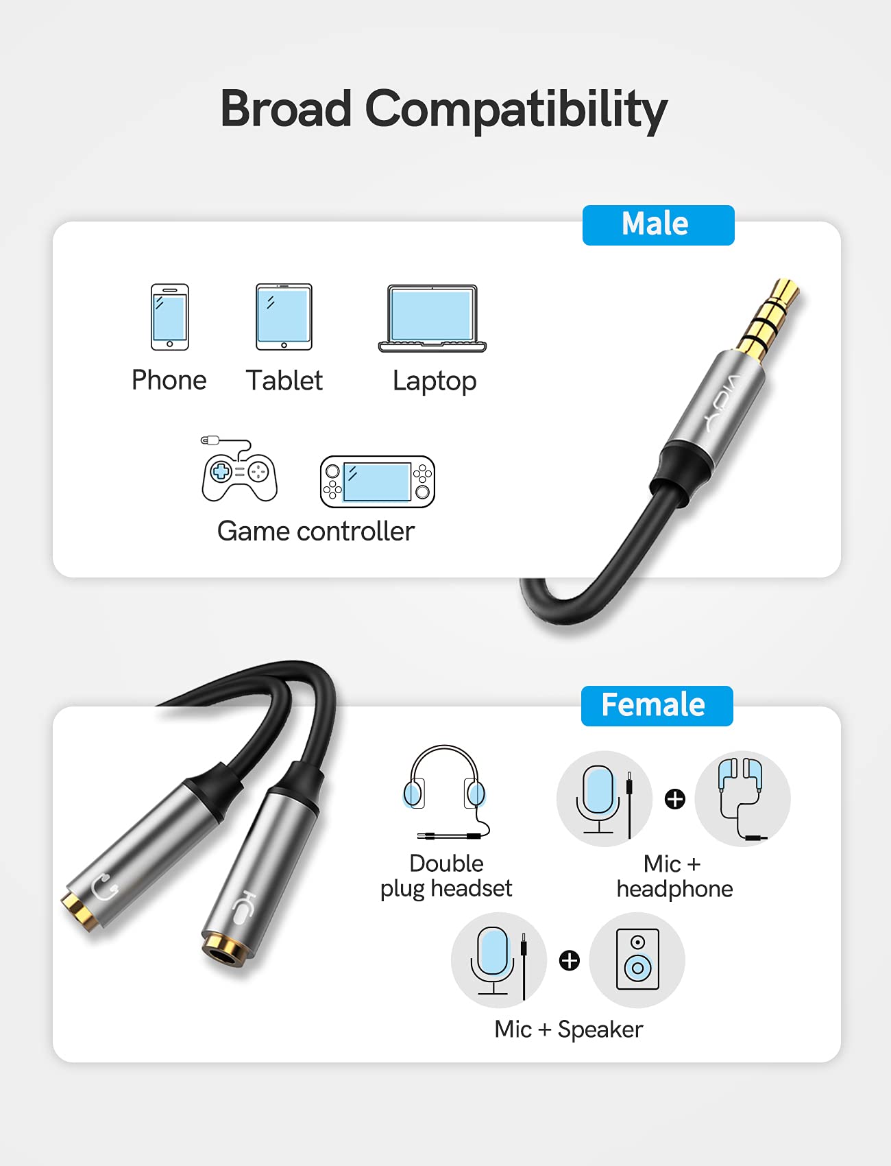 VIOY Mic Headphone Splitter, 3.5 mm Audio Headset Y Splitter Cable TRRS Male to 2 Female Separate Jack for PC Gaming Headset, PS4, Xbox One, Laptops, Tablet, Smartphone…
