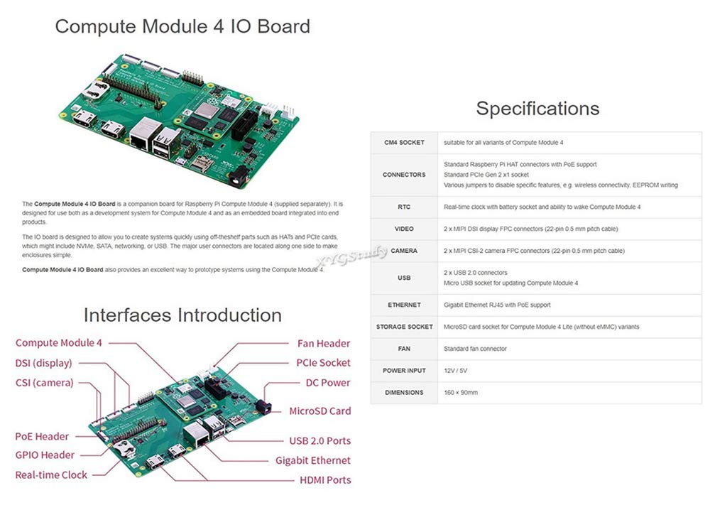 XYGStudy Raspberry Pi Compute Module 4 IO Board, A Development Platform and Reference Base-Board Design for CM4