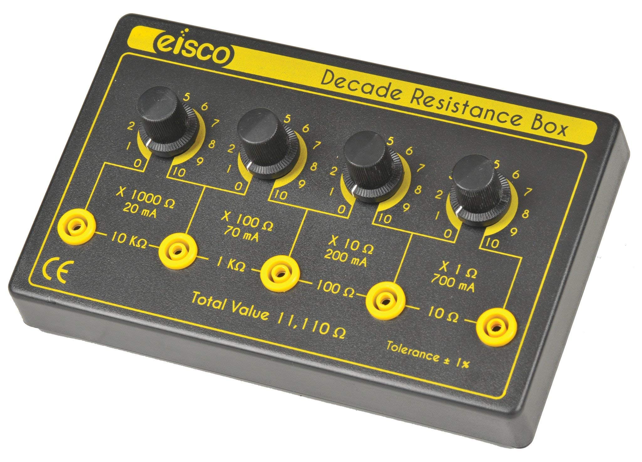 EISCO - 4 Decade Resistance Box, Variable from 0-11,110 Ohms, 0.5W Resistors (0.5555W Theoretical Max)