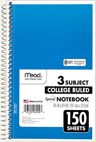 Mead 3-Subject Wirebound College Ruled Notebook, 9.5" x 5.5", Pack Of 10 (06900)