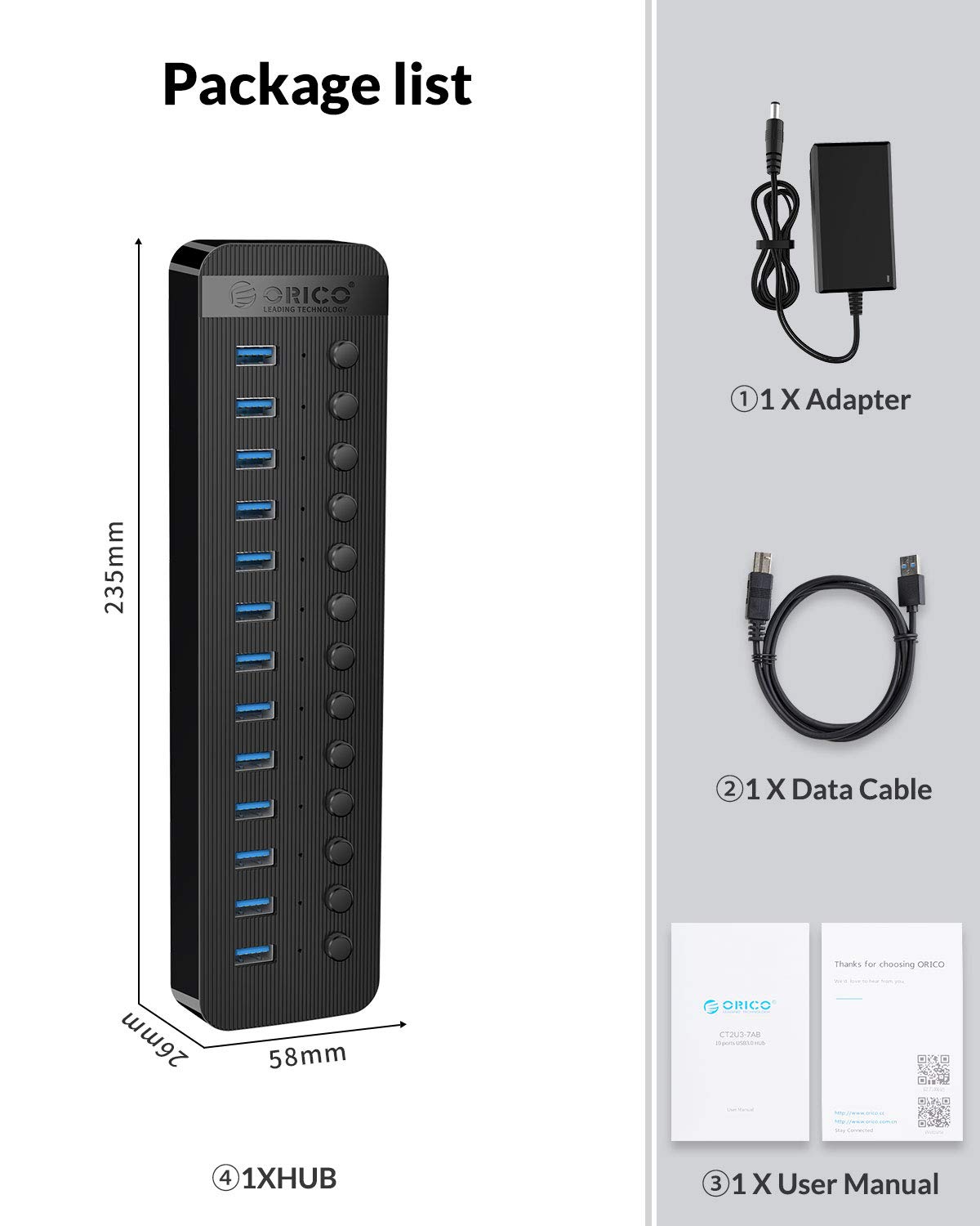 ORICO Powered USB Hub, 13 Ports 60W USB 3.0 Data Hub with BC1.2 Charging, Individual On/Off Switches and 12V/4A Power Adapter for Desktop Computer, PC, iMac, Mobile HDD, Flash Drive