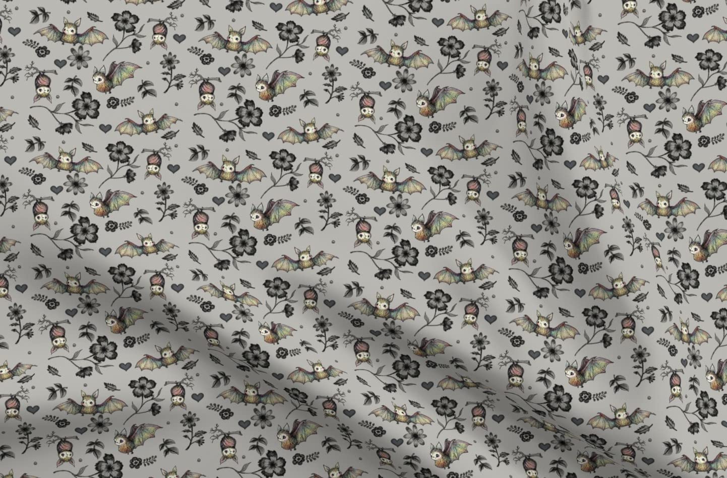 Spoonflower Fabric - Bat Pattern Grey Flowers Wild Hearts Animals Bats Decor Printed on Petal Signature Cotton Fabric Fat Quarter - Sewing Quilting Apparel Crafts Decor