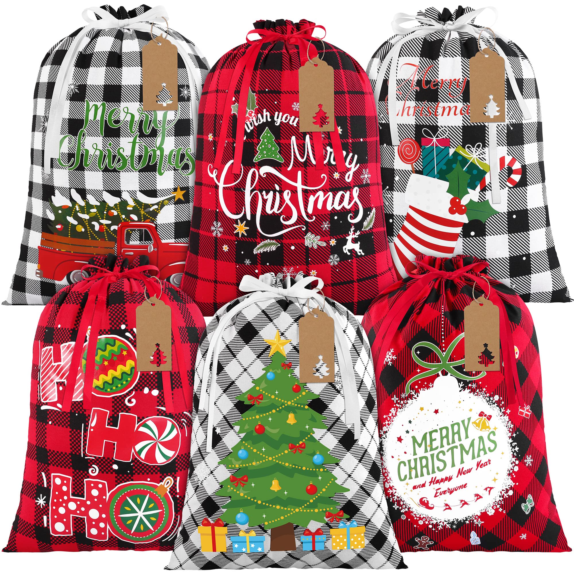 Aneco 6 Pieces Christmas Drawstring Gift Bag Buffalo Plaid Fabric Bag with Drawstring Reusable Gift Wrapping Bags with 24 Kraft Paper Tags and Rope for Christmas Party Supplies, 11.8 x 15.7 Inches