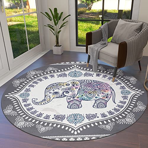 Libaoge Round Area Rugs 4 ft Diameter Elephant Indoor Aloha Mats, Arab Culture Symbol Mandala Pattern Soft Living Room Bedroom Unique Carpet Woman Yoga Mat Home Decor