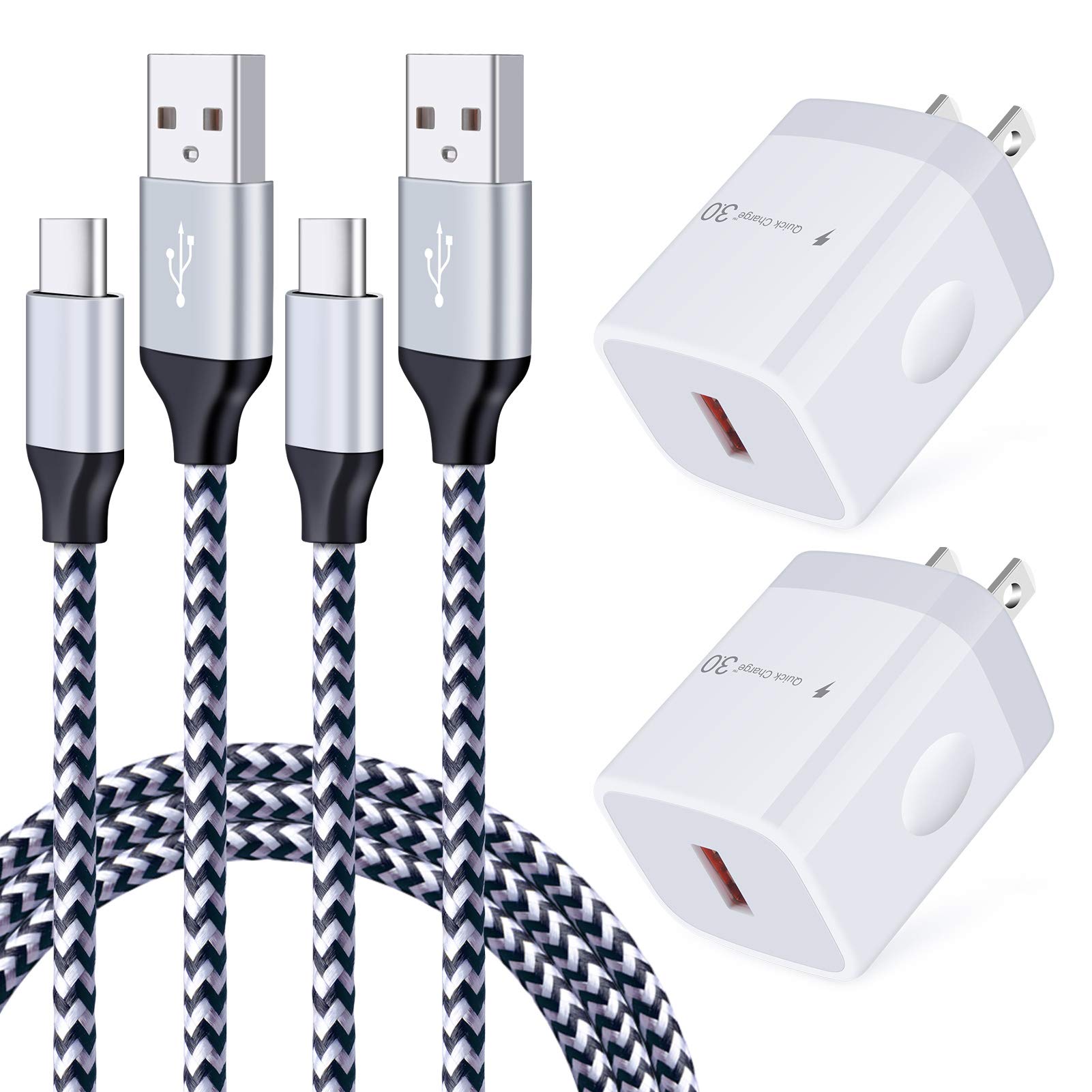 Quick Charge 3.0 Adaptive Fast Charging USB Adapter Wall Charger Plug with 2Pack 6ft Type C Cable for Samsung Galaxy S23 S22 S21 Ultra S20 FE Note 20 A14 A53 A13 A02S A12 A21 A51 A10E A50 A71 S10 S9