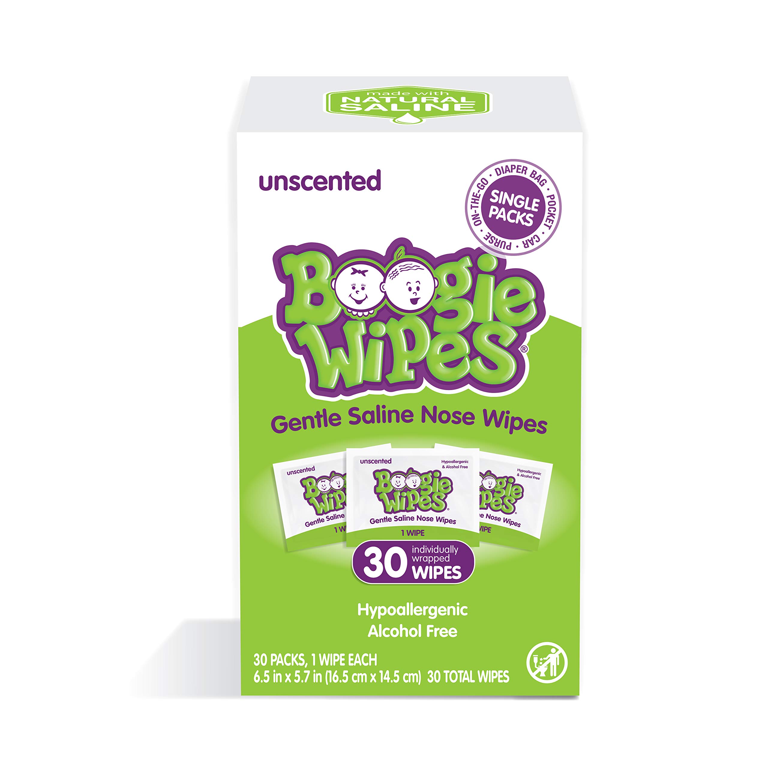 Hand, Face and Nose Wet Wipes for Kids and Baby, Boogie Wipes Single Packs, Unscented, Wipes Away Dirt and Germs, Natural Saline Tissue with Aloe, Chamomile and Vitamin E, 1 Count, Pack of 30