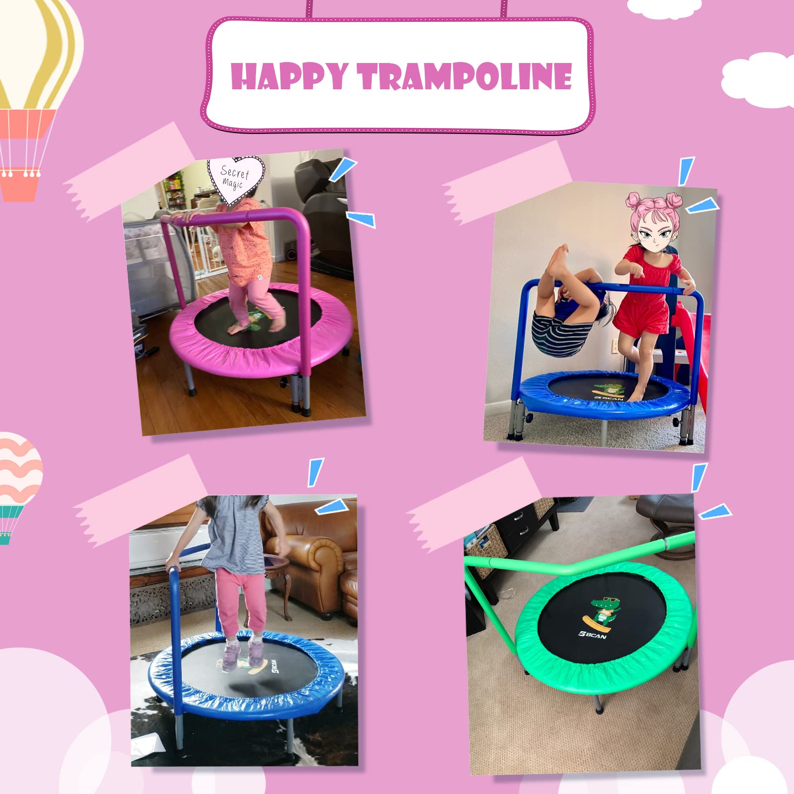 BCAN 36'' Mini Folding Ages 2 to 5 Toddler Trampoline with Handle for Kids, Two Ways to Assemble The Handle, Indoor/Garden Trampoline with Super Safe Padded Cover