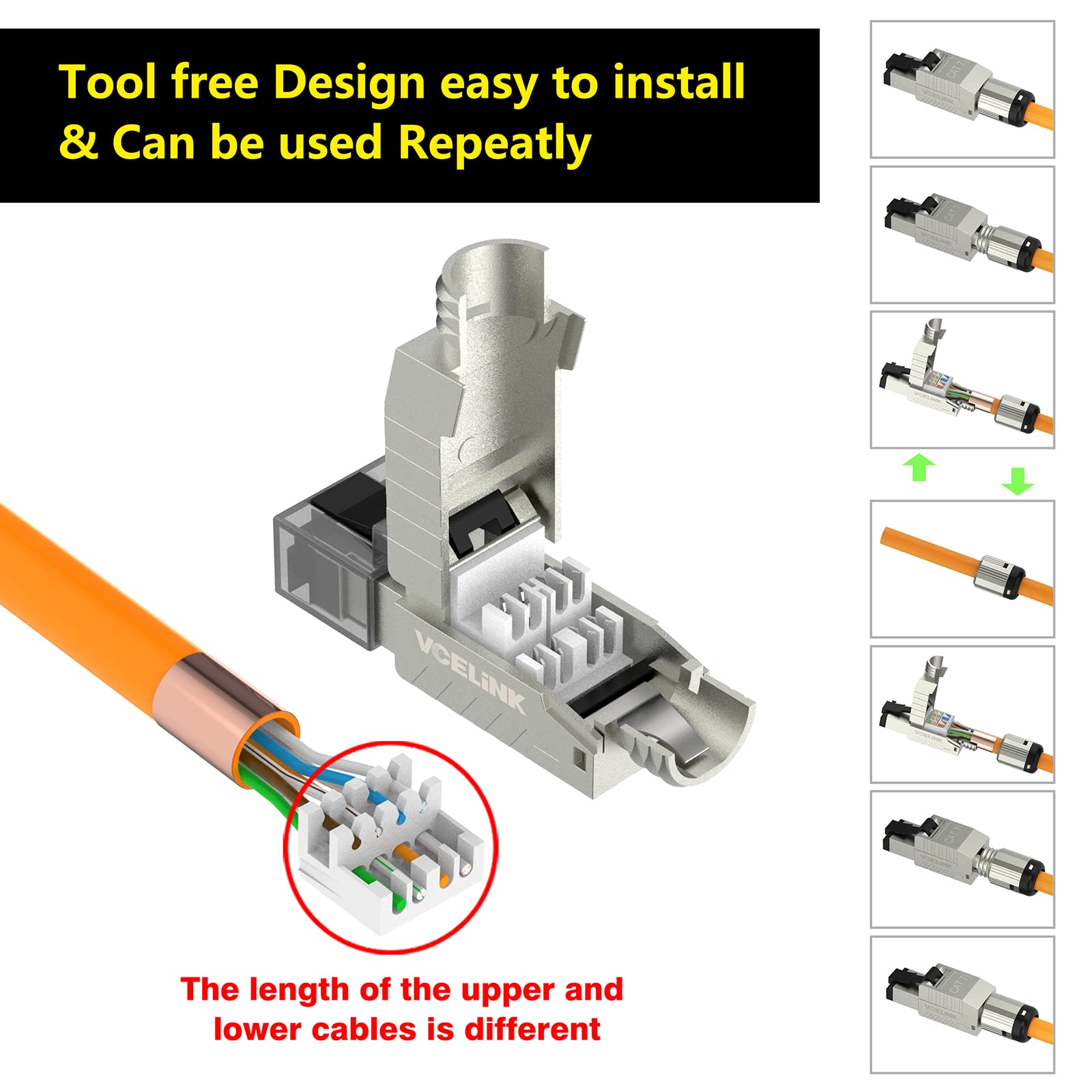VCELINK RJ45 Cat7 Connectors 2-Pack, Tool-Free Zinc Alloy Shielded Ethernet Termination Plugs for 23AWG SFTP Cables, 10G Easy Internet Plug, Fast Field Installation